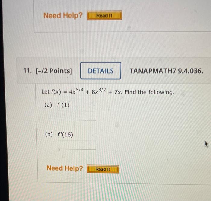 Solved Let f(x)=4x5/4+8x3/2+7x. Find the following. (a) | Chegg.com
