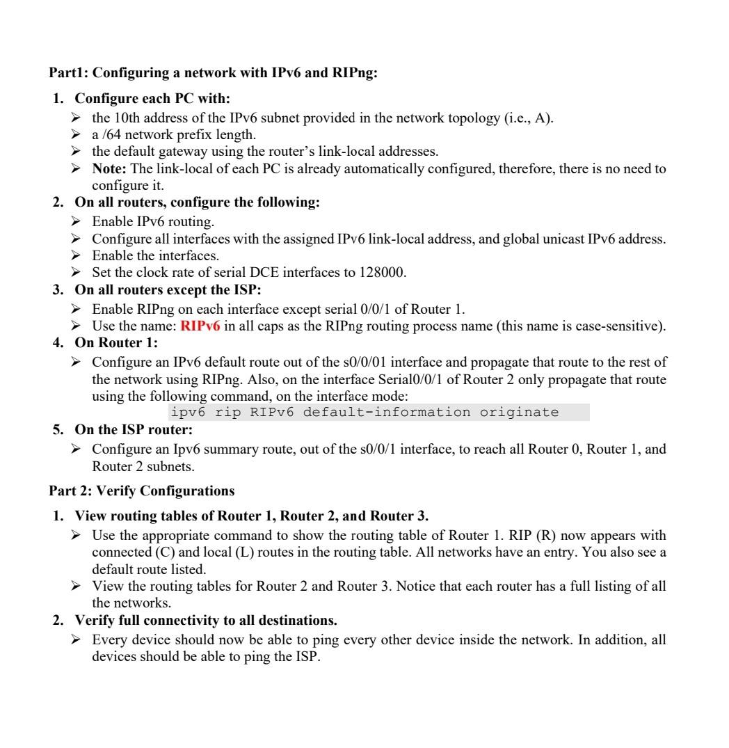Problem 2: Configuring RIPng (IPv6) routing protocol | Chegg.com