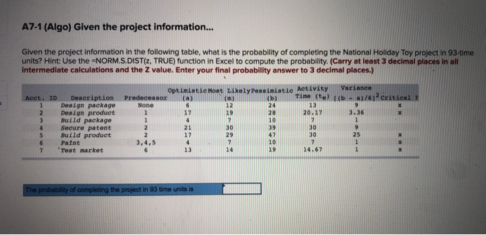 Solved Help 2 A7-3 (Algo) The expected times and | Chegg.com