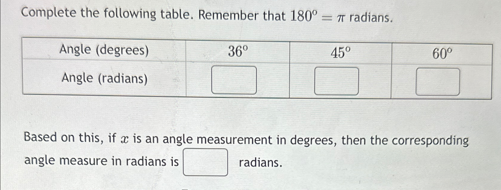 Solved Complete the following table. Remember that 180°=π | Chegg.com