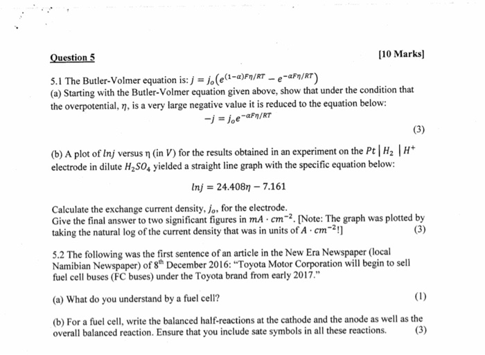 Question 5 [10 Marks) 5.1 The Butler-Volmer equation | Chegg.com