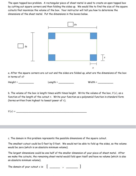 Solved The open topped box problem. A rectangular piece of | Chegg.com