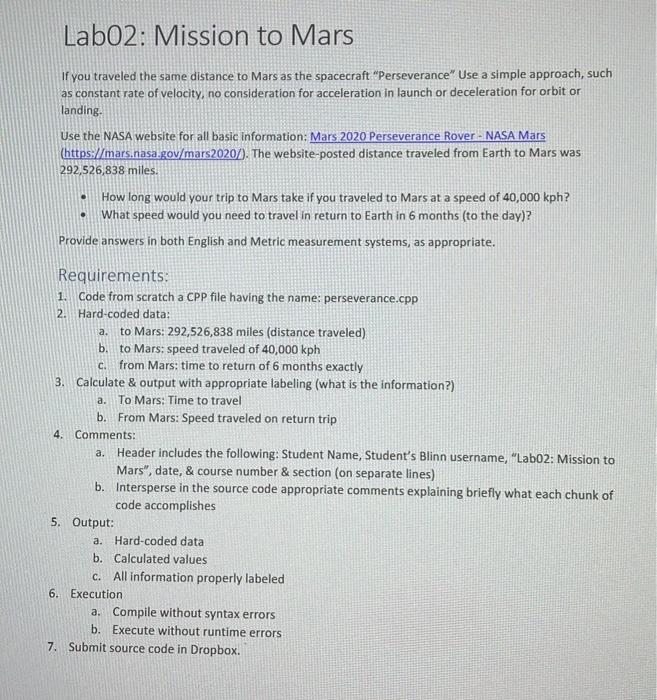 Solved Lab02: Mission to Mars If you traveled the same | Chegg.com