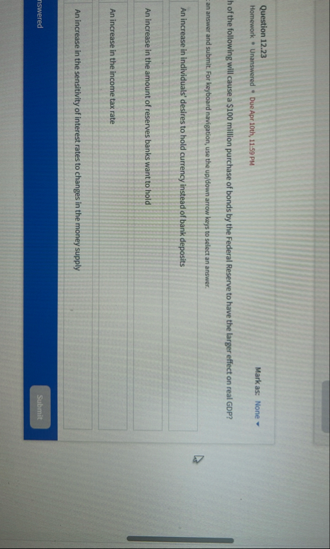Solved Question 12.23Homework * ﻿Unanswered * ﻿Due Apr | Chegg.com
