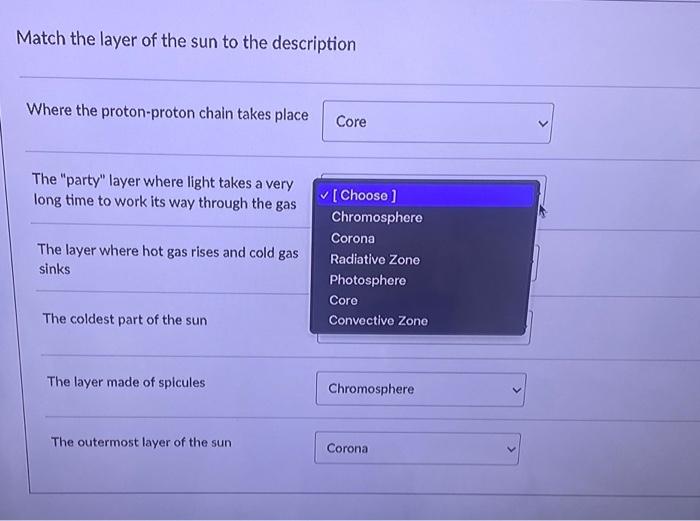 Solved Match the layer of the sun to the description Where | Chegg.com