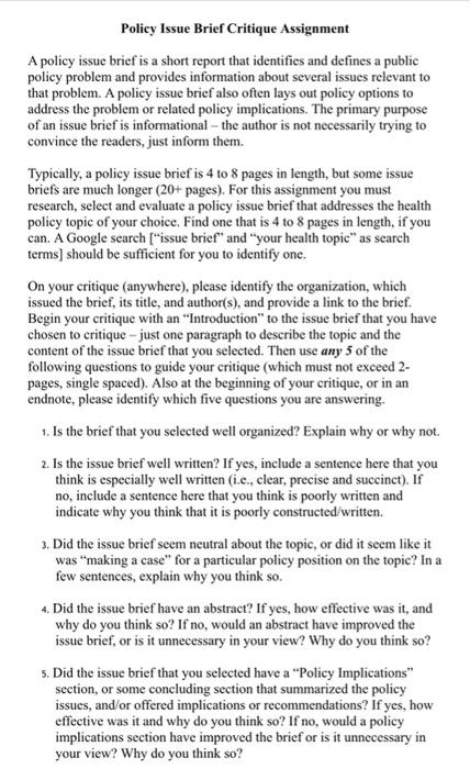Policy Issue Brief Critique Assignment A policy issue | Chegg.com