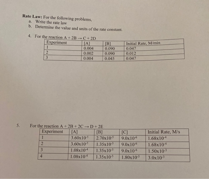 Solved Rate Law: For the following problems, a. Write the | Chegg.com