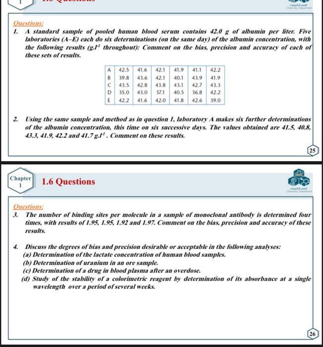 Solved 1. A standard sample of pooled human blood serum | Chegg.com