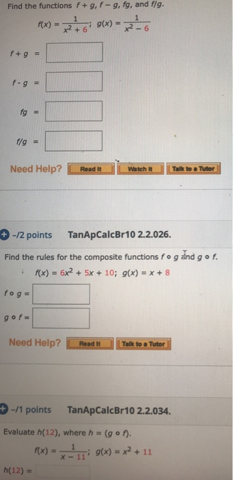 Solved Find the functions f+ g, f- g, fg, and f/g. 1 1 g(x) | Chegg.com
