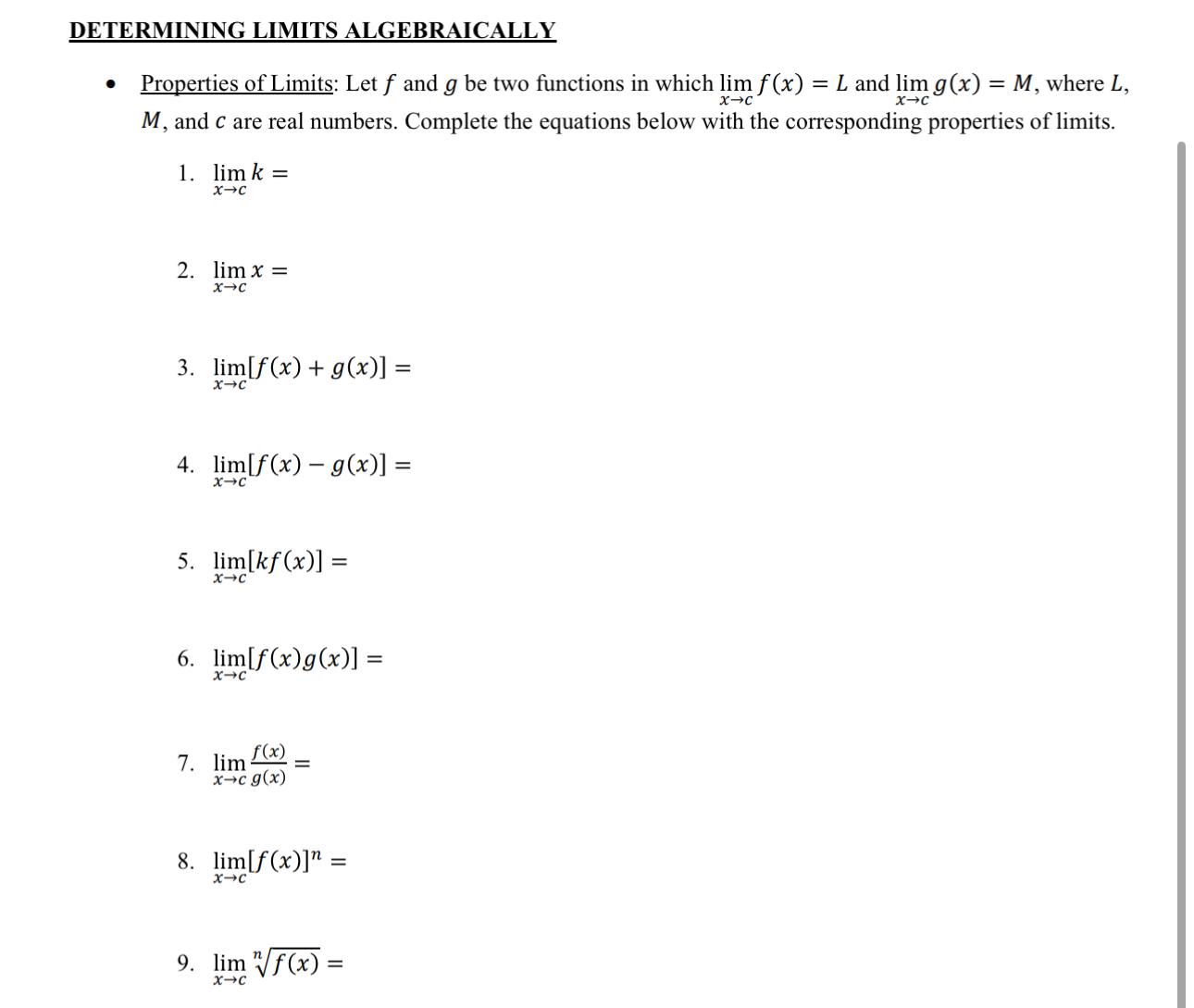 Solved DETERMINING LIMITS ALGEBRAICALLYProperties of Limits: | Chegg.com