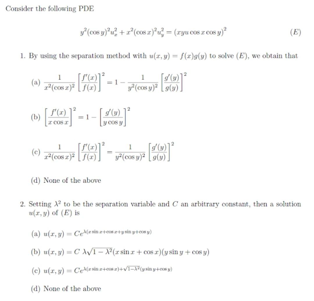 Consider the following PDE | Chegg.com