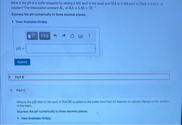 Solved What is the pH of a buffer prepared by adding 0.405 | Chegg.com
