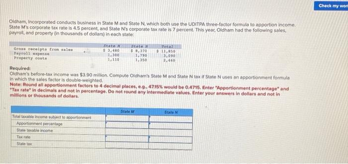 Solved Oldham, Incorporated conducts business in State M and | Chegg.com