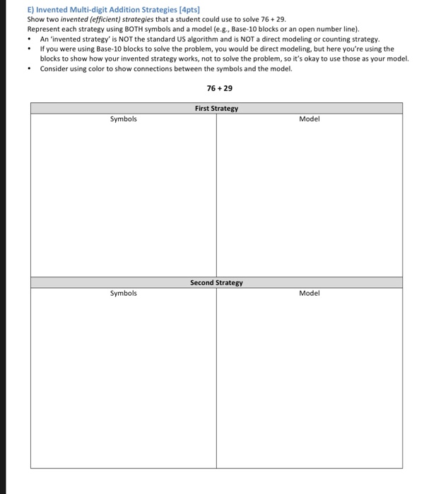 E) Invented Multi-digit Addition Strategies [4pts] | Chegg.com