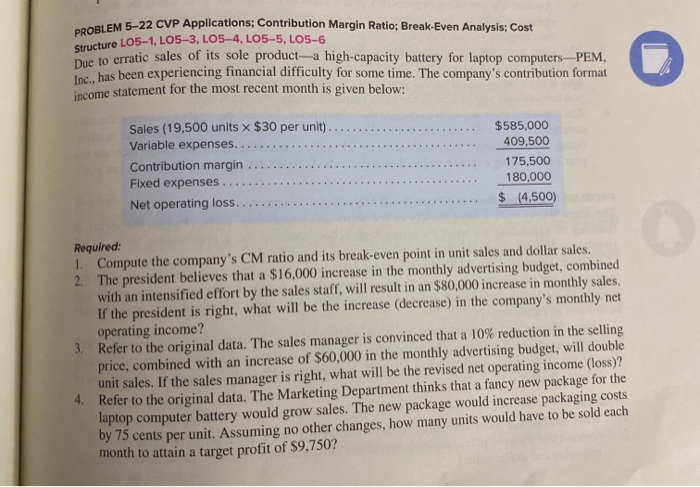 Solved PROBLEM 5-22 CVP Applications; Contribution Margin | Chegg.com