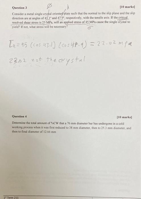 Solved Question 3 [10 marks] Consider a metal single crystal | Chegg.com