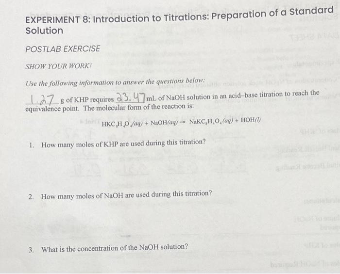 Solved EXPERIMENT 8: Introduction to Titrations: Preparation | Chegg.com