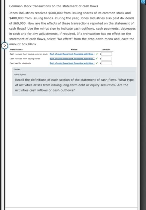 Solved Common stock transactions on the statement of cash | Chegg.com