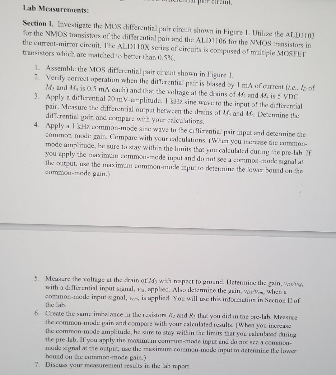 Solved Pre-laboratory Exercise: Design the MOS differential | Chegg.com