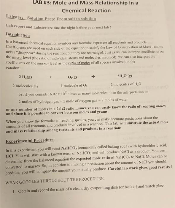 Solved LAB #3: Mole and Mass Relationship in a Chemical | Chegg.com