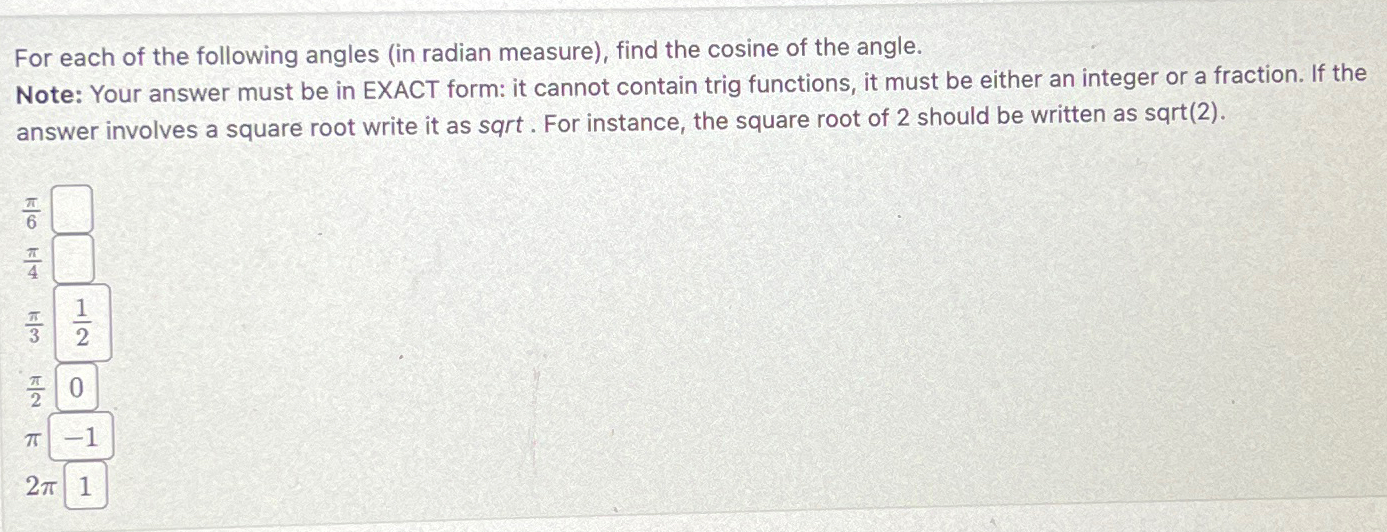 Solved For each of the following angles (in radian measure), | Chegg.com