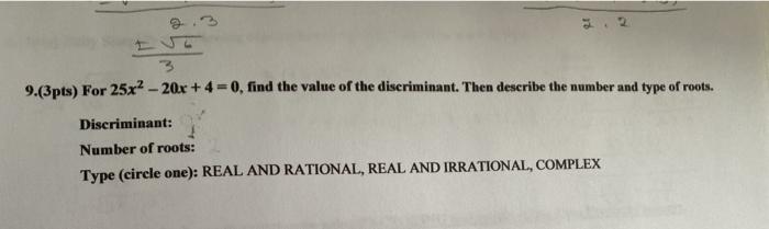 Solved 9.3pts) For 25x2 - 20x + 4 = 0, find the value of the | Chegg.com