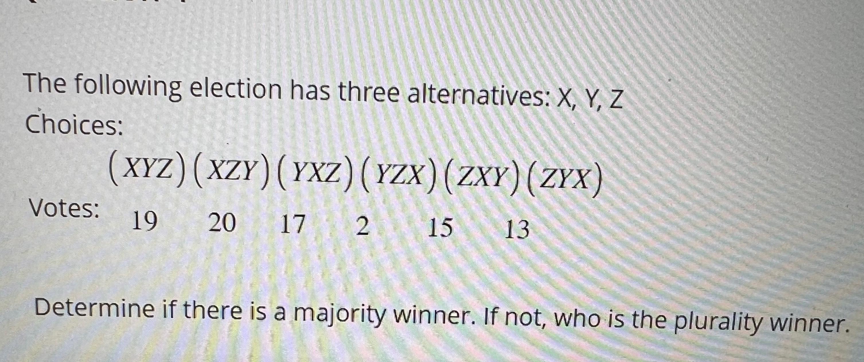 Solved The following election has three alternatives: x,Y,Z | Chegg.com
