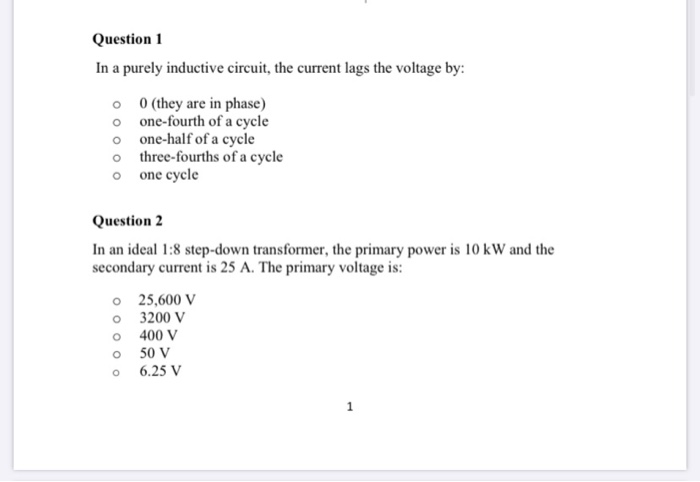 Solved Question In A Purely Inductive Circuit The Curren