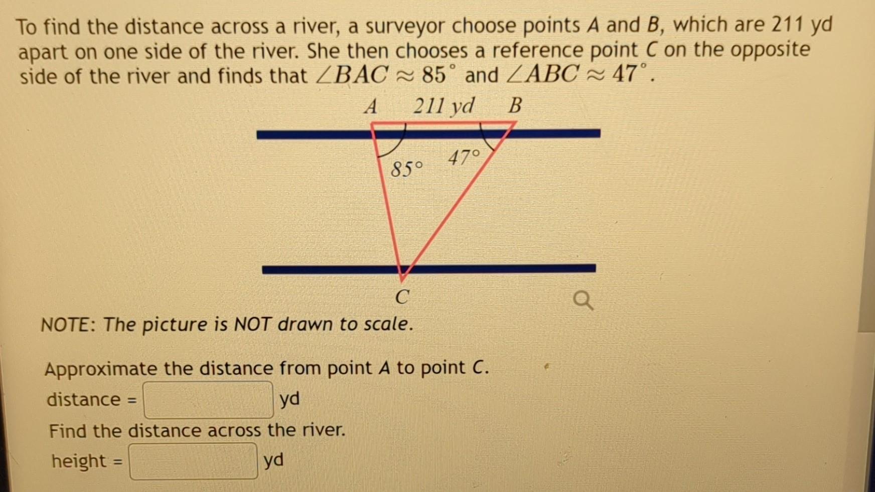 Solved To find the distance across a river, a surveyor | Chegg.com