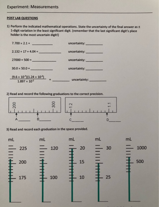 Solved Experiment: Measurements POST LAB QUESTIONS 1) | Chegg.com