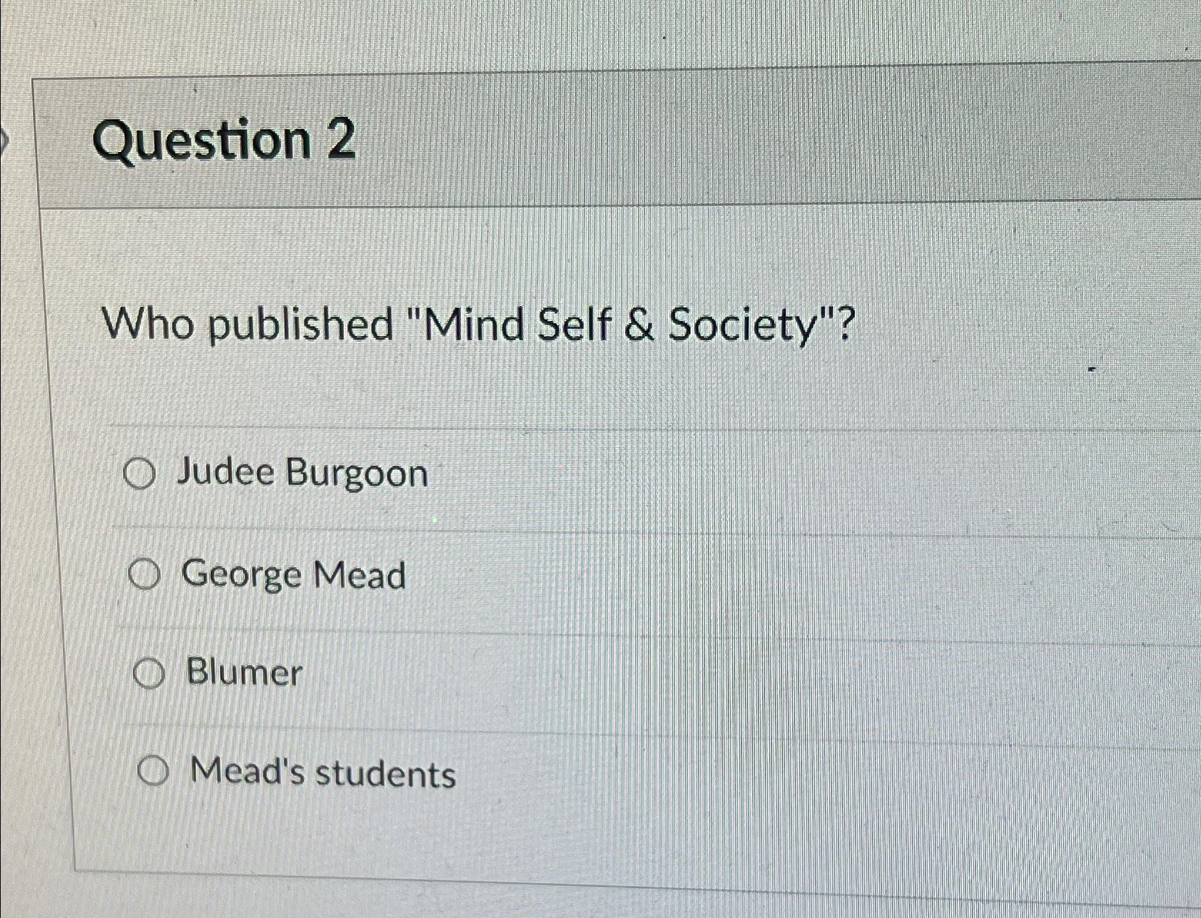 Solved Question 2Who published "Mind Self & Society"?Judee | Chegg.com