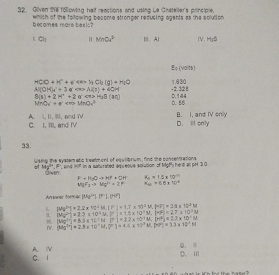 Solved 2. Given the following half reactions and using Le | Chegg.com