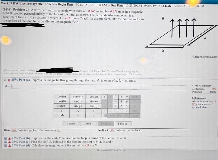Solved A wire, bent into a rectangle with sides a = 0.065 m | Chegg.com