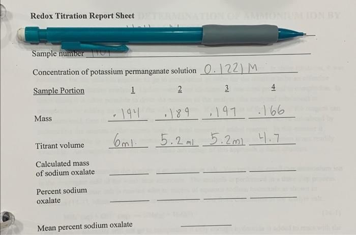 Solved Redox Titration Report Sheet Sample number 01 | Chegg.com