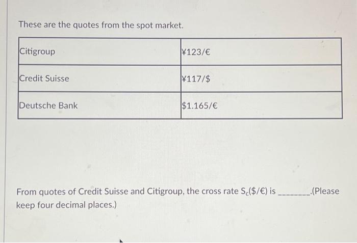 Solved These are the quotes from the spot market. Citigroup | Chegg.com