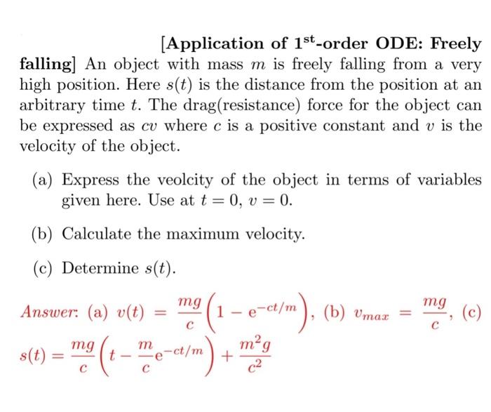 Solved [Application of 1st-order ODE: Freely falling] An | Chegg.com