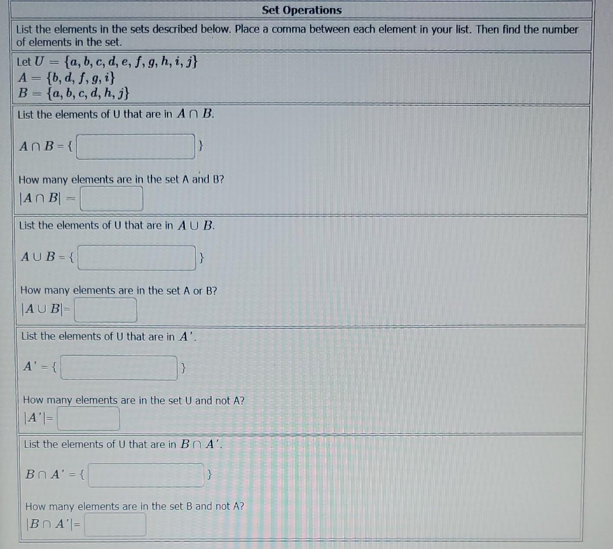 Solved Set Operations List the elements in the sets | Chegg.com
