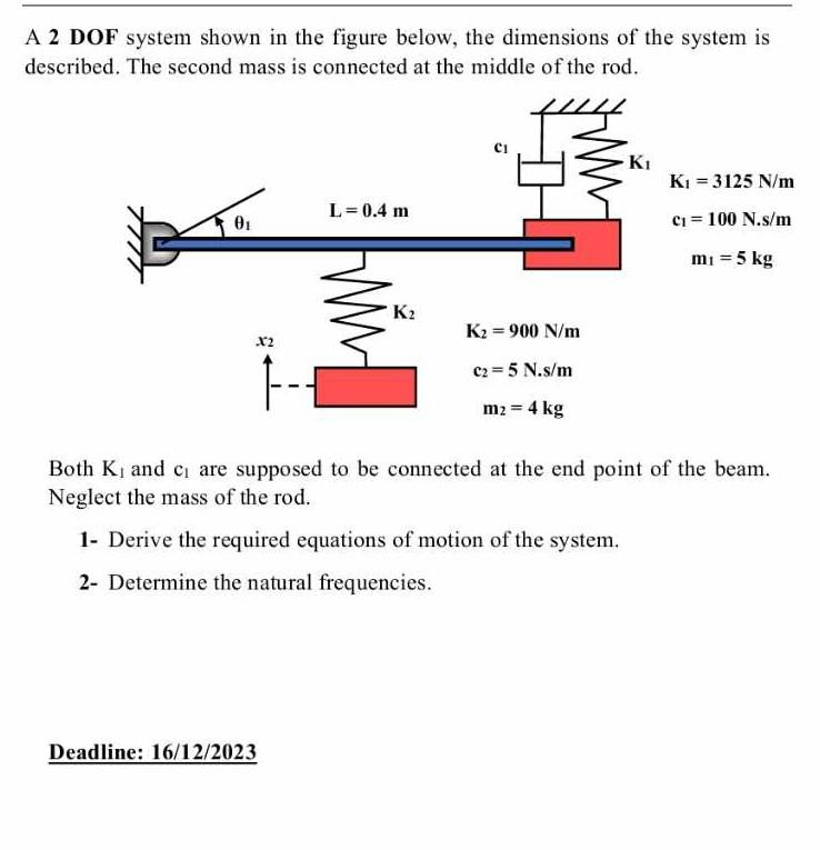 Solved A 2 DOF system shown in the figure below, the | Chegg.com