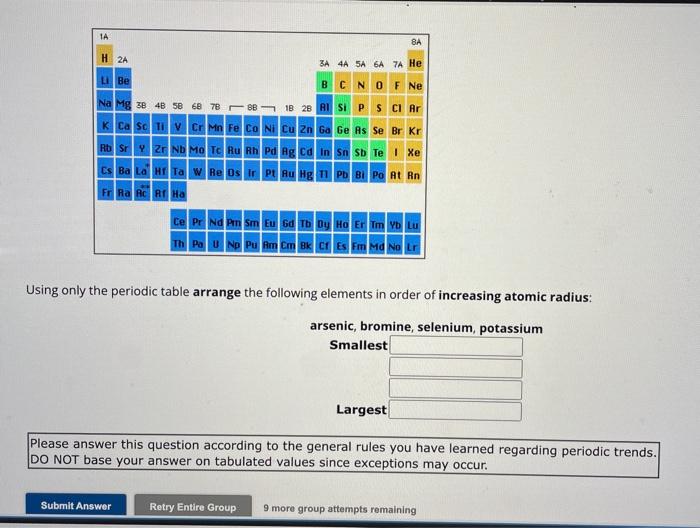 Solved Using only the periodic table arrange the following | Chegg.com