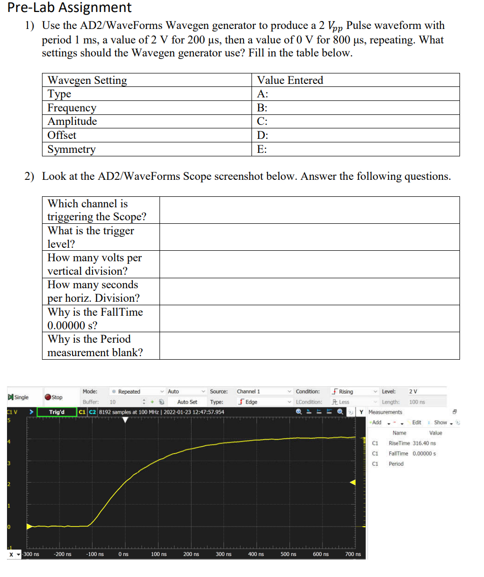 Solved Use the AD2/WaveForms Wavegen generator to produce a | Chegg.com