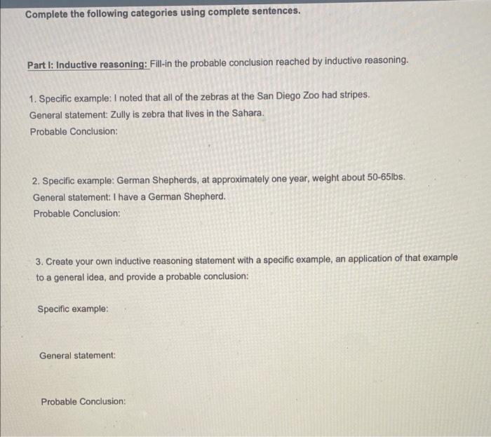 Complete the following categories using complete | Chegg.com