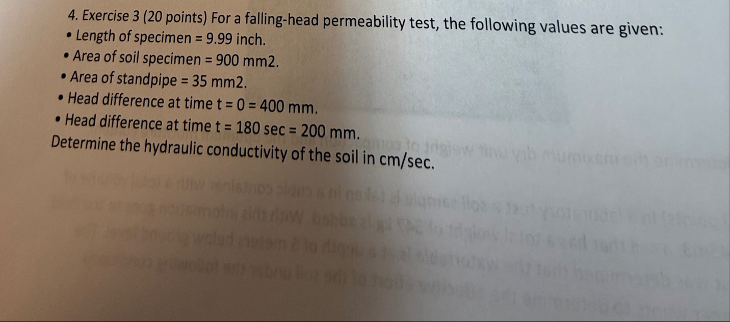 Solved Exercise 3 ( 20 ﻿points) ﻿For a falling-head | Chegg.com