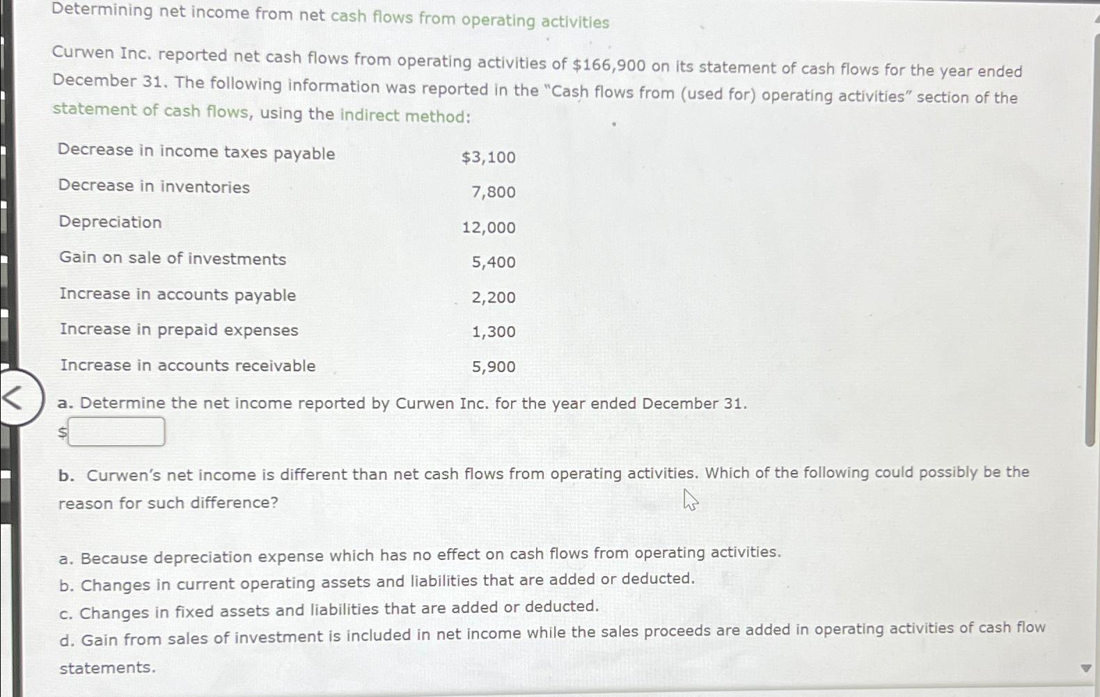 Solved Determining net income from net cash flows from | Chegg.com