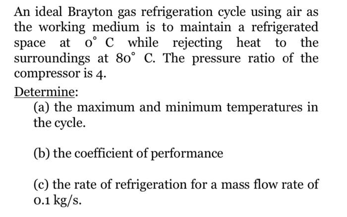 Solved An ideal Brayton gas refrigeration cycle using air as | Chegg.com