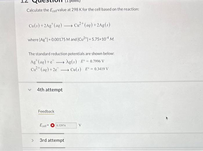 Solved Calculate The Ecell Value At 298 K For The Cell