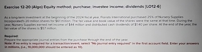 Solved Exercise 12-20 (Algo) ﻿Equity method; purchase; | Chegg.com