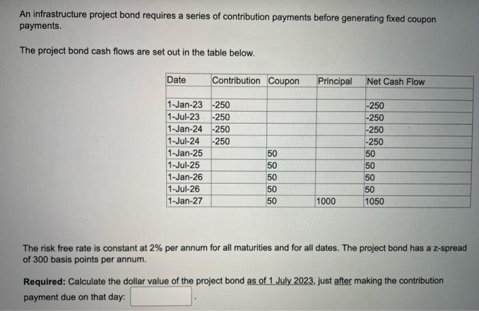 Solved An infrastructure project bond requires a series of | Chegg.com