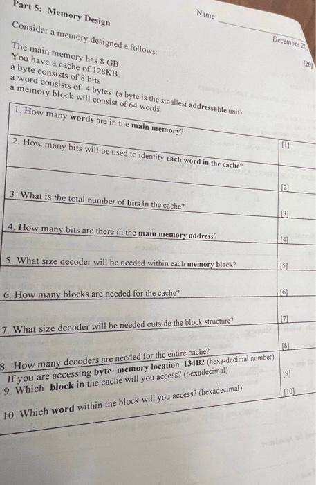 Solved Part 5: Memory Design Name: Consider a memory | Chegg.com