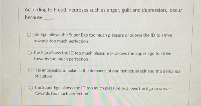 Solved According to Freud, neuroses such as anger, guilt and | Chegg.com