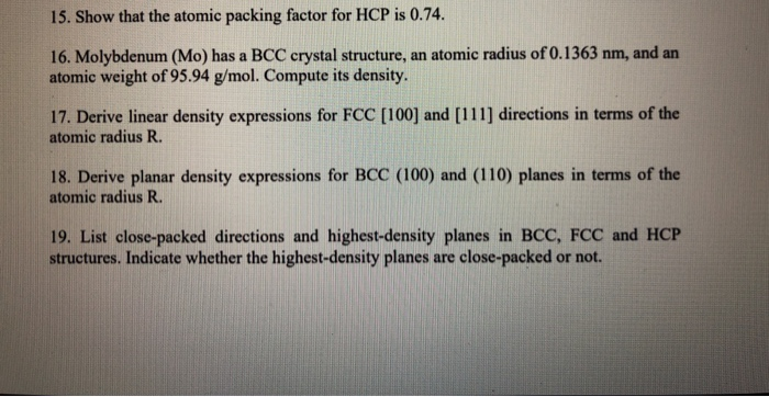 Solved 15. Show that the atomic packing factor for HCP is | Chegg.com